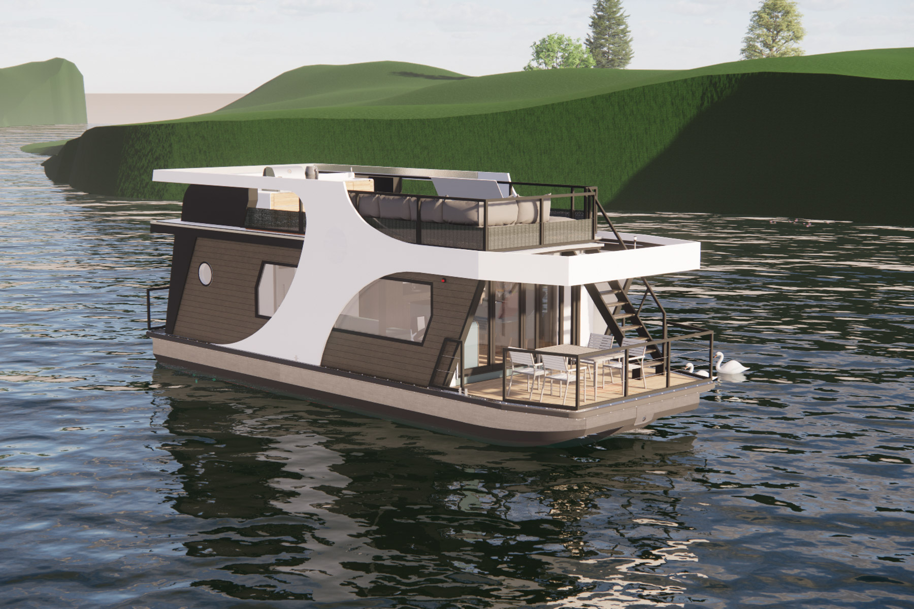 Luxus-Hausboot mit elektrischem Torqeedo-Antrieb und eigener PV-Anlage ...